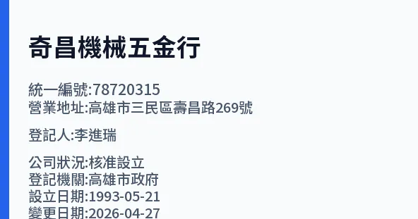 奇昌機械五金行的照片-統編 78720315(高雄市) 公司登記資料與營業項目詳細圖表