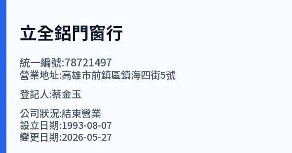 立全鋁門窗行的照片-統編 78721497(高雄市) 公司登記資料與營業項目詳細圖表