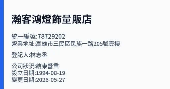 瀚客鴻燈飾量販店的照片-統編 78729202(高雄市) 公司登記資料與營業項目詳細圖表