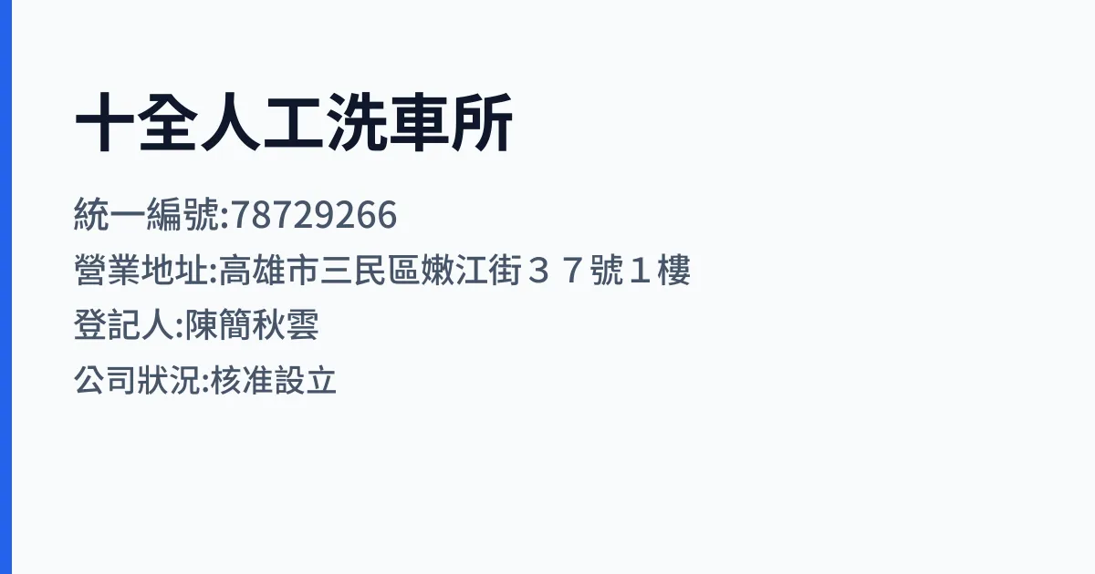 十全人工洗車所 - 統編 78729266(高雄市) 公司登記資料與營業項目詳細圖表
