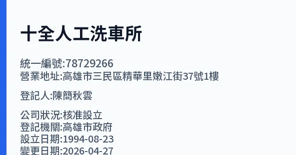 十全人工洗車所的照片-統編 78729266(高雄市) 公司登記資料與營業項目詳細圖表