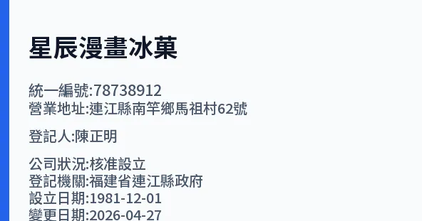 星辰漫畫冰菓的照片-統編 78738912(連江縣) 公司登記資料與營業項目詳細圖表