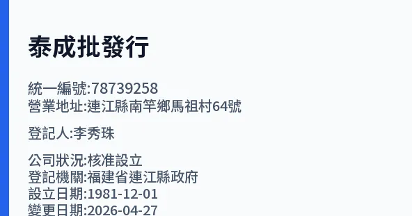 泰成批發行的照片-統編 78739258(連江縣) 公司登記資料與營業項目詳細圖表