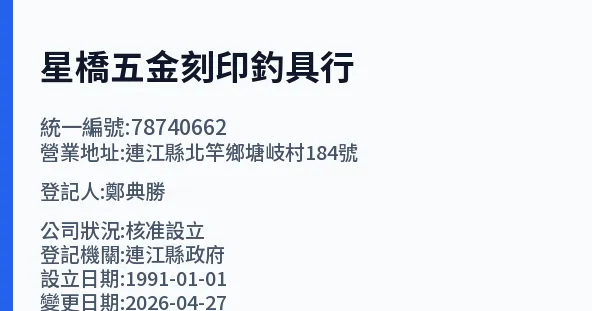 星橋五金刻印釣具行的照片-統編 78740662(連江縣) 公司登記資料與營業項目詳細圖表