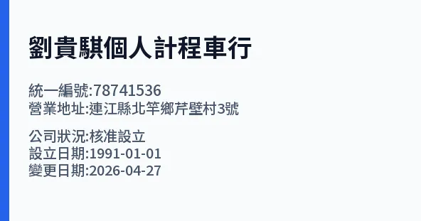 劉貴騏個人計程車行的照片-統編 78741536(連江縣) 公司登記資料與營業項目詳細圖表