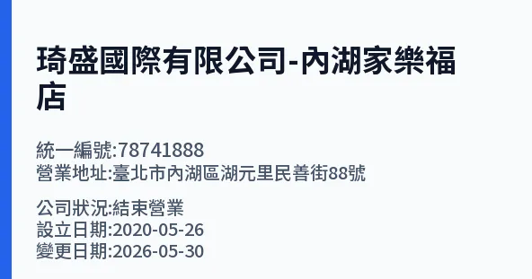 琦盛國際有限公司-內湖家樂福店的照片-統編 78741888(臺北市) 公司登記資料與營業項目詳細圖表