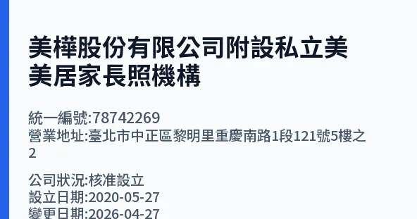 美樺股份有限公司附設私立美美居家長照機構的照片-統編 78742269(臺北市) 公司登記資料與營業項目詳細圖表