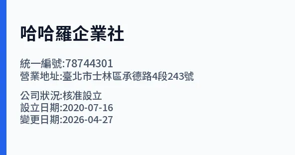 哈哈羅企業社的照片-統編 78744301(臺北市) 公司登記資料與營業項目詳細圖表