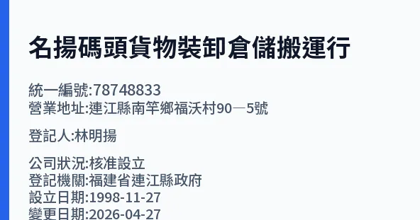 名揚碼頭貨物裝卸倉儲搬運行的照片-統編 78748833(連江縣) 公司登記資料與營業項目詳細圖表