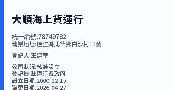 大順海上貨運行的照片-統編 78749782(連江縣) 公司登記資料與營業項目詳細圖表