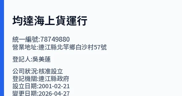 均達海上貨運行的照片-統編 78749880(連江縣) 公司登記資料與營業項目詳細圖表