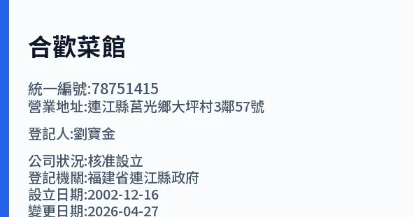 合歡菜館的照片-統編 78751415(連江縣) 公司登記資料與營業項目詳細圖表