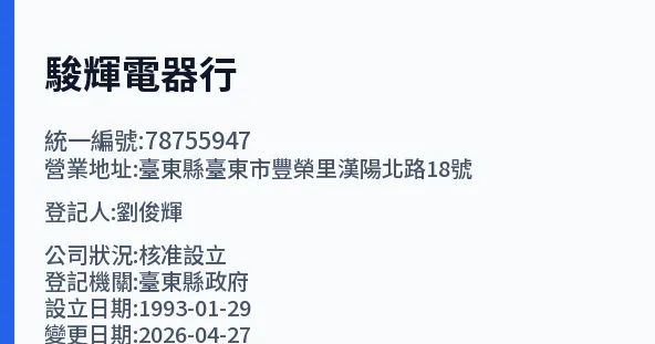 駿輝電器行的照片-統編 78755947(臺東縣) 公司登記資料與營業項目詳細圖表