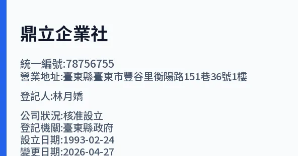 鼎立企業社的照片-統編 78756755(臺東縣) 公司登記資料與營業項目詳細圖表