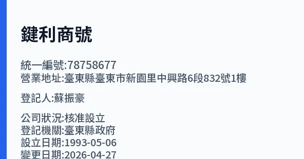 鍵利商號的照片-統編 78758677(臺東縣) 公司登記資料與營業項目詳細圖表