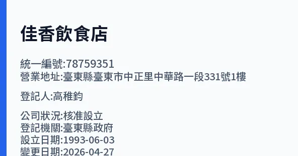 佳香飲食店的照片-統編 78759351(臺東縣) 公司登記資料與營業項目詳細圖表