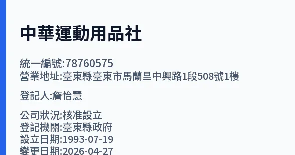 中華運動用品社的照片-統編 78760575(臺東縣) 公司登記資料與營業項目詳細圖表
