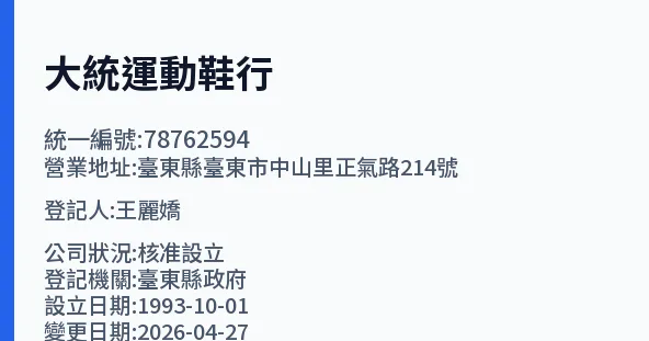 大統運動鞋行的照片-統編 78762594(臺東縣) 公司登記資料與營業項目詳細圖表