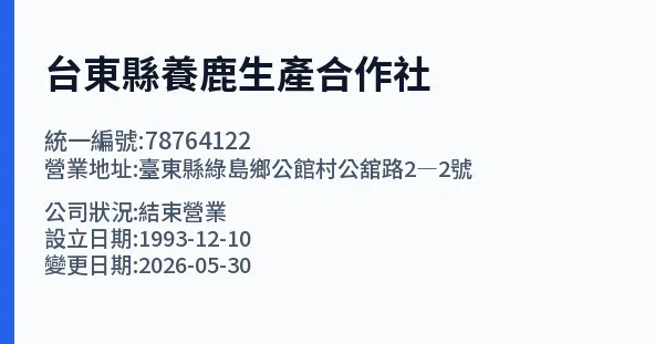 台東縣養鹿生產合作社的照片-統編 78764122(臺東縣) 公司登記資料與營業項目詳細圖表