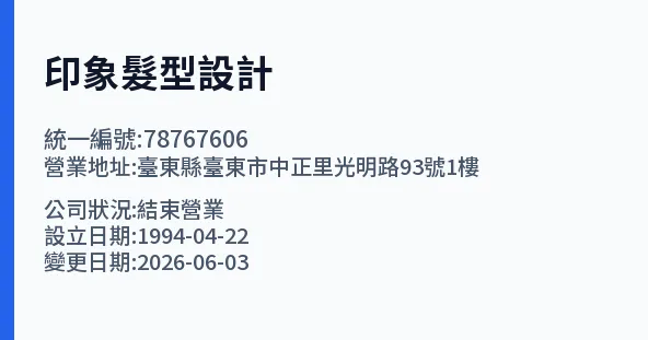 印象髮型設計的照片-統編 78767606(臺東縣) 公司登記資料與營業項目詳細圖表