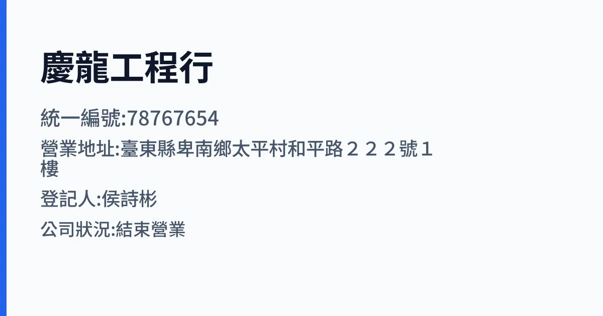 慶龍工程行 - 統編 78767654(臺東縣) 公司登記資料與營業項目詳細圖表