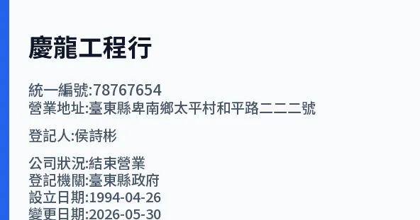 慶龍工程行的照片-統編 78767654(臺東縣) 公司登記資料與營業項目詳細圖表
