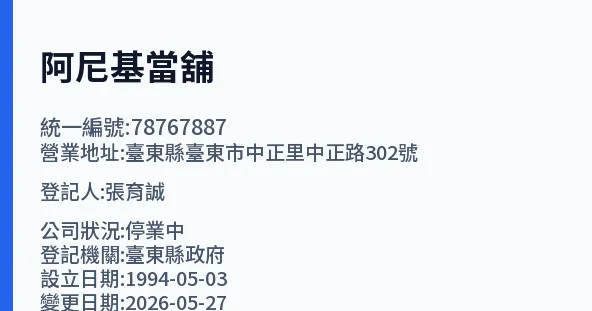 阿尼基當舖的照片-統編 78767887(臺東縣) 公司登記資料與營業項目詳細圖表