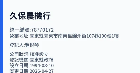久保農機行的照片-統編 78770172(臺東縣) 公司登記資料與營業項目詳細圖表