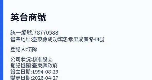 英台商號的照片-統編 78770588(臺東縣) 公司登記資料與營業項目詳細圖表
