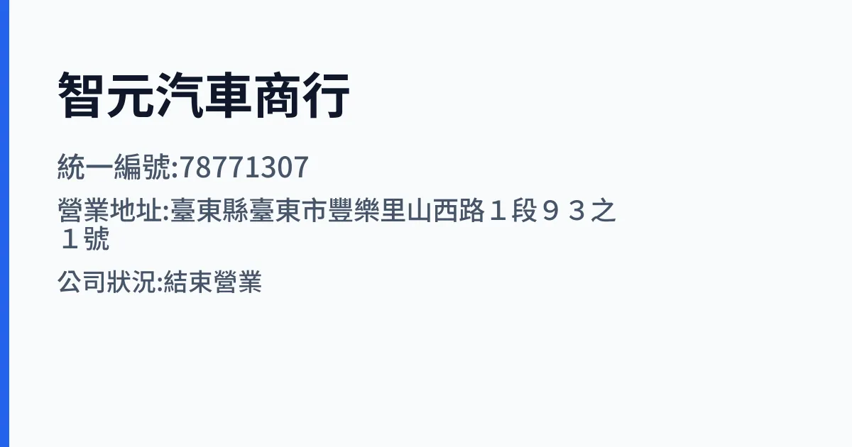智元汽車商行 - 統編 78771307(臺東縣) 公司登記資料與營業項目詳細圖表