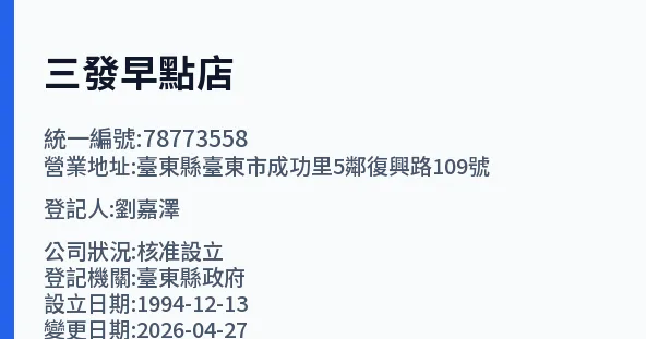 三發早點店的照片-統編 78773558(臺東縣) 公司登記資料與營業項目詳細圖表
