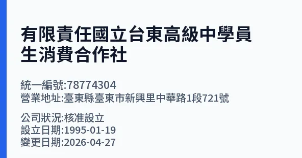 有限責任國立台東高級中學員生消費合作社的照片-統編 78774304(臺東縣) 公司登記資料與營業項目詳細圖表