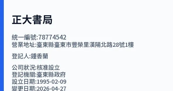 正大書局的照片-統編 78774542(臺東縣) 公司登記資料與營業項目詳細圖表