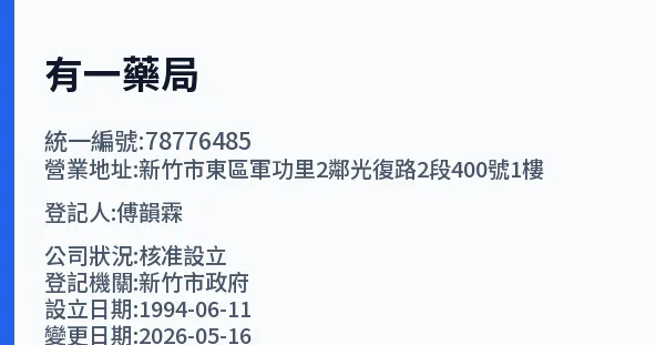 有一藥局的照片-統編 78776485(新竹市) 公司登記資料與營業項目詳細圖表