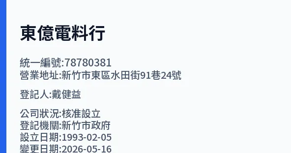 東億電料行的照片-統編 78780381(新竹市) 公司登記資料與營業項目詳細圖表