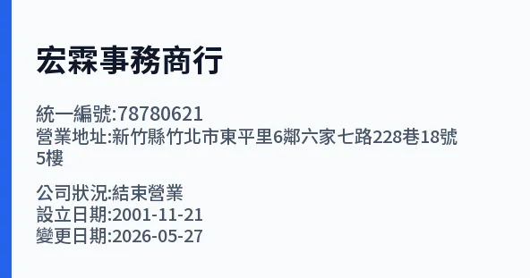 宏霖事務商行的照片-統編 78780621(新竹縣) 公司登記資料與營業項目詳細圖表