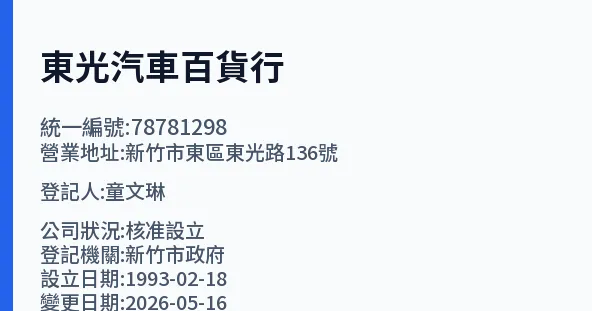 東光汽車百貨行的照片-統編 78781298(新竹市) 公司登記資料與營業項目詳細圖表