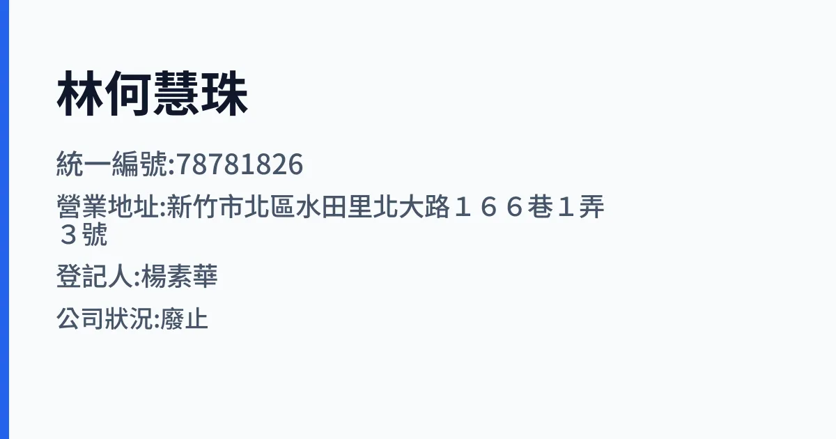 林何慧珠 - 統編 78781826(新竹市) 公司登記資料與營業項目詳細圖表