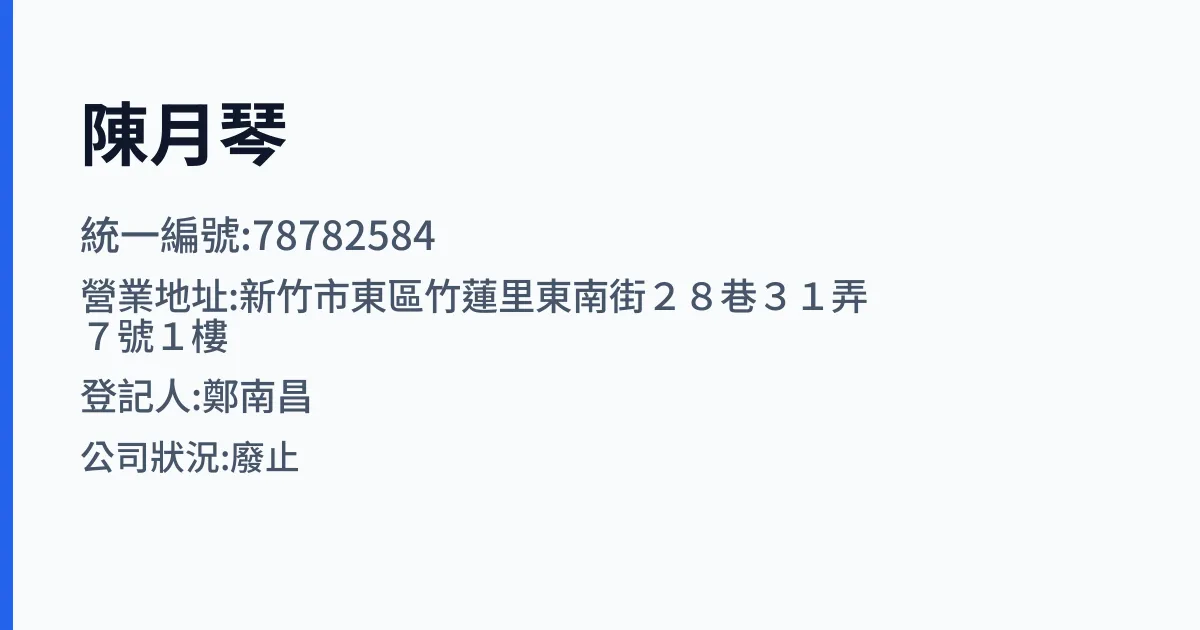 陳月琴 - 統編 78782584(新竹市) 公司登記資料與營業項目詳細圖表