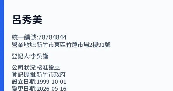 呂秀美的照片-統編 78784844(新竹市) 公司登記資料與營業項目詳細圖表