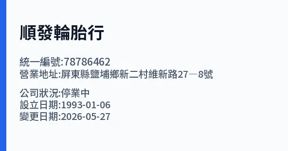 順發輪胎行的照片-統編 78786462(屏東縣) 公司登記資料與營業項目詳細圖表
