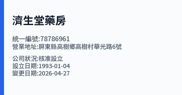 濟生堂藥房的照片-統編 78786961(屏東縣) 公司登記資料與營業項目詳細圖表