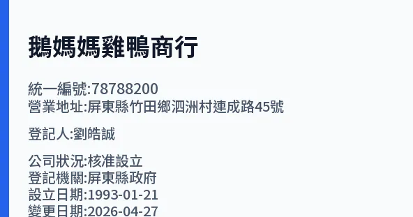 鵝媽媽雞鴨商行的照片-統編 78788200(屏東縣) 公司登記資料與營業項目詳細圖表