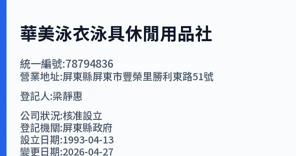 華美泳衣泳具休閒用品社的照片-統編 78794836(屏東縣) 公司登記資料與營業項目詳細圖表