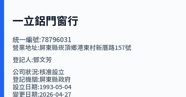 一立鋁門窗行的照片-統編 78796031(屏東縣) 公司登記資料與營業項目詳細圖表