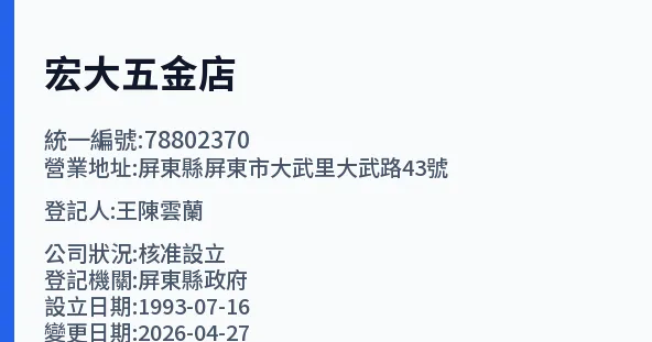 宏大五金店的照片-統編 78802370(屏東縣) 公司登記資料與營業項目詳細圖表