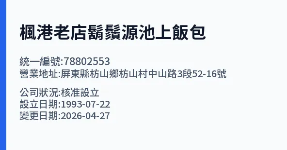 楓港老店鬍鬚源池上飯包的照片-統編 78802553(屏東縣) 公司登記資料與營業項目詳細圖表