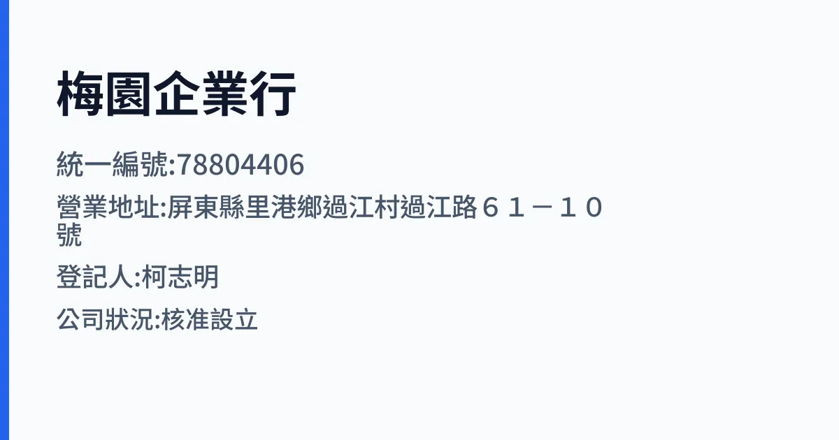 梅園企業行 - 統編 78804406(屏東縣) 公司登記資料與營業項目詳細圖表