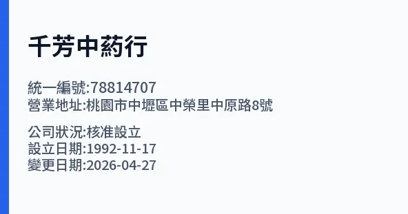 千芳中葯行的照片-統編 78814707(桃園市) 公司登記資料與營業項目詳細圖表