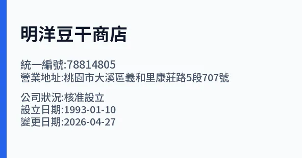 明洋豆干商店的照片-統編 78814805(桃園市) 公司登記資料與營業項目詳細圖表